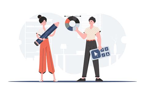 디자이너 패널과 컬러 휠로 전체 길이를 서있는 남성과 여성 디자인 프레젠테이션을 위한 요소 가득 찬에 대한 스톡 벡터 아트 및