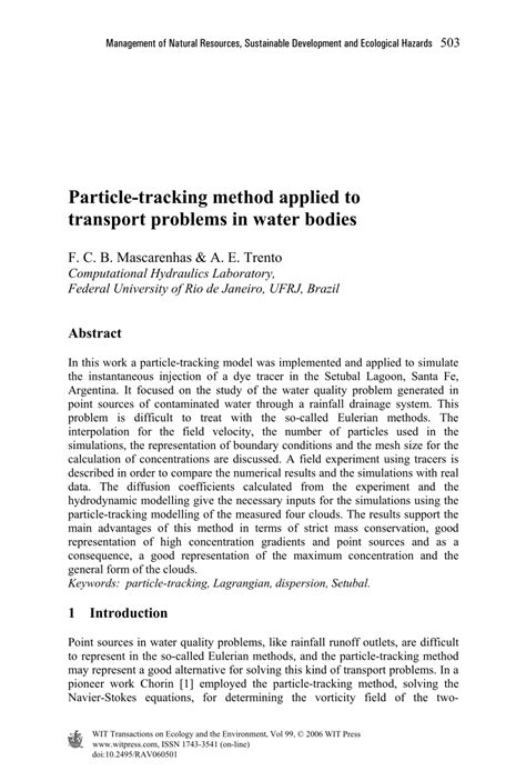 Pdf Particle Tracking Method Applied To Transport Problems In Water Bodies