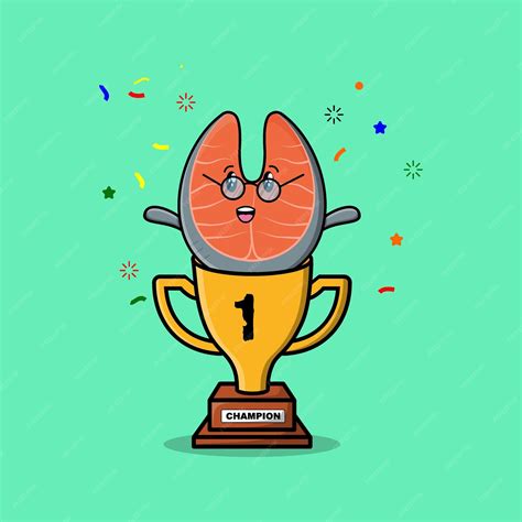 개념 평면 만화 스타일의 트로피에 귀여운 만화 신선한 연어 캐릭터 프리미엄 벡터