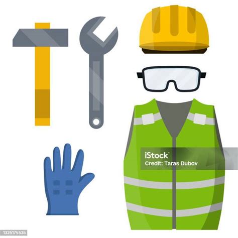 의류 빌더 와 노동자의 세트 녹색 조끼 헬멧 안경 장갑 망치 렌치 수리 및 유지 보수 안전 및 도구 만화 플랫 일러스트레이션 개체 그룹에 대한 스톡 벡터 아트 및 기타