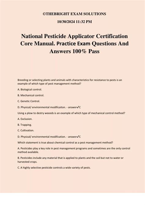 National Pesticide Applicator Certification Core Manual Practice Exam Questions And Answers 100