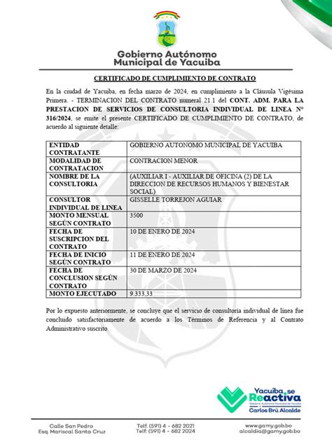 Certificado De Cumplimiento De Contrato Pdf Business Economias