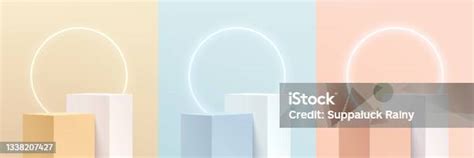 추상 3d 핑크 옐로우 블루 화이트 큐브 받침대 또는 조명 원 네온과 연단서 세트 파스텔 최소 장면 컬렉션 제품 디스플레이 프레젠테이션을 위한 벡터 렌더링 플랫폼입니다