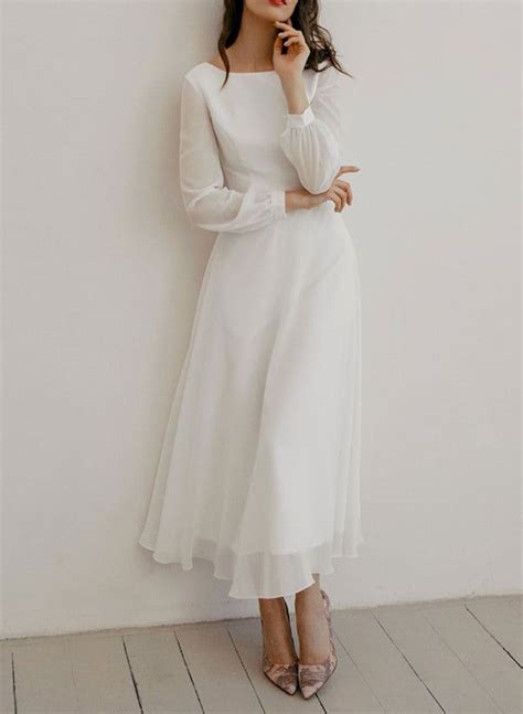 Chic A Line Scoop Neck Long Sleeves Chiffon Ankle Length Wedding Dress