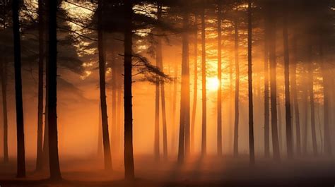 Orange Sunrise Foggy Forest Silhouettes Premium Ai Generated Image