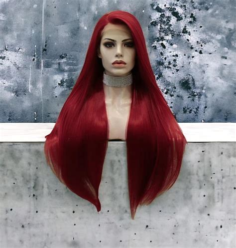Long Silky Straight Red Lace Front Wig Luxury Red Synthetic Wig Cosplay Red Wig Heat Resistant
