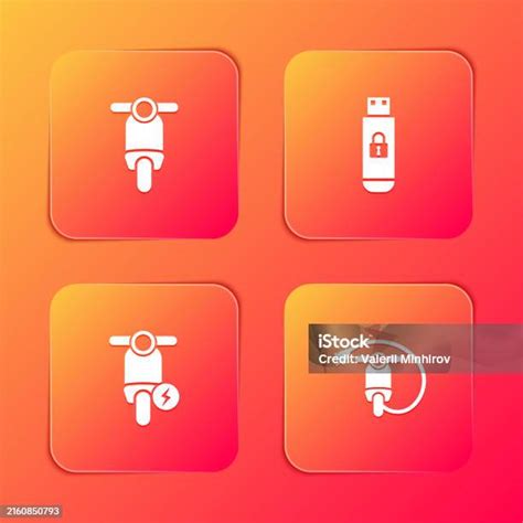 스쿠터 잠금 장치가 있는 Usb 플래시 드라이브 전기 스쿠터 및 아이콘을 설정합니다 벡터 Usb 메모리에 대한 스톡 벡터 아트