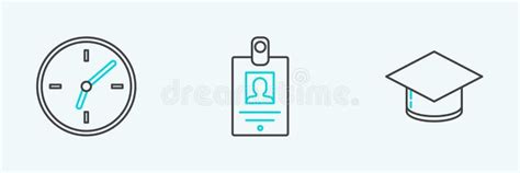 Set Line Graduation Cap Clock And Identification Badge Icon Vector