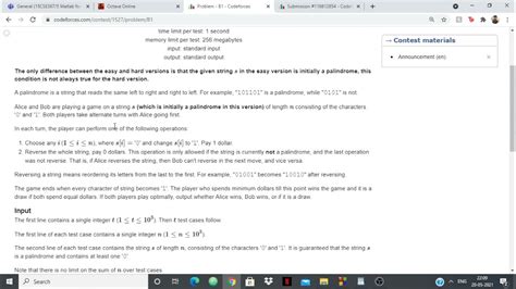 Codeforces Round 721 Div2b1 Palindrome Gameeasy Version Youtube