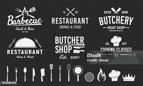 6 빈티지 라벨 및 엠 블 럼 14 디자인 요소 집합입니다 레스토랑 사업입니다 도살 바베 큐 레스토랑 엠 블 럼 서식 파일이입니다 벡터 일러스트 레이 션 개체 그룹에 대한