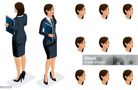 여자의 감정 3d 바디 정면 및 후면 보기 얼굴 눈 입술 아이소메트릭 아이콘 코 얼굴 식입니다 벡터에 대 한 사람들의 질적 아이소메트리 귀여운에 대한 스톡 벡터 아트 및