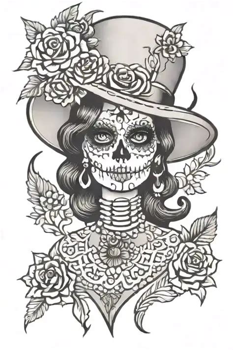 Traditional La Catrina Girl Wich Face Tattoo Tattoo Blackink Ai