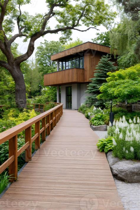 Modern House Blending With Green Nature And Wooden Boardwalk 75142273