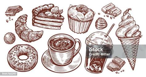컵 티 케이크 도넛 콜라 아이스크림 콘 초콜릿 캔디 커피 스케치 디저트 달콤한 음식 세트 복고풍 그림 미식가에 대한 스톡 벡터 아트 및 기타 이미지 Istock