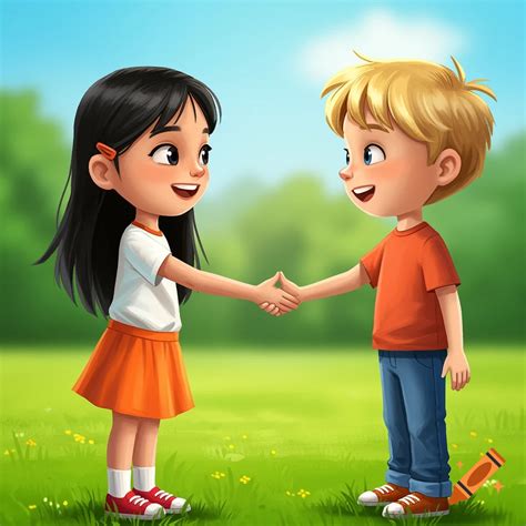 Cartoon Illustration Of A Boy And Girl Shaking Hands In A Park On Craiyon