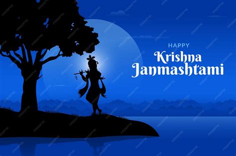인도의 해피 잔마슈타미 축제 배경에서 크리슈나 경이 반수리플루트를 연주 프리미엄 벡터