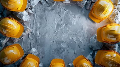 Yellow Hard Hats And Concrete Wall Background For Construction And Safety Concepts Stock Image