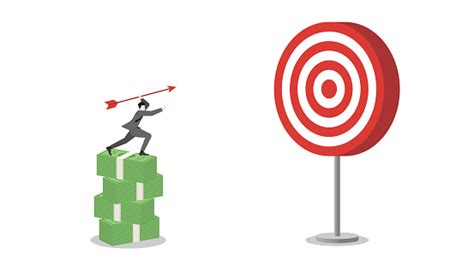 한 사업가가 지폐 더미 위에 서서 사업 목표물을 조준하고 화살을 던집니다 성공과 기업 목표를 달성하기 위한 집중 결단력 사업 야망 및 전략 계획 개념 개념에 대한 스톡 벡터