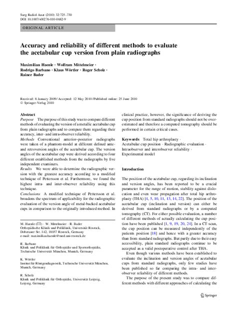 Pdf Accuracy And Reliability Of Different Methods To Evaluate The Acetabular Cup Version From