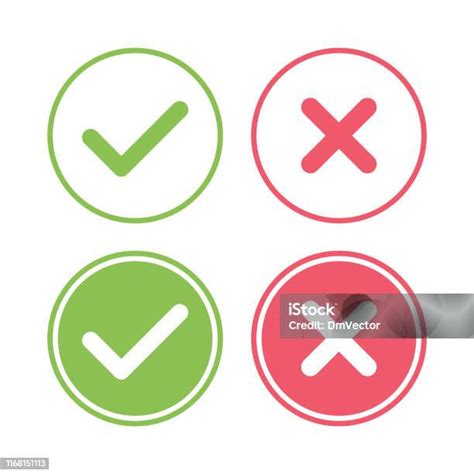 진드기와 교차 표지판 세트 녹색 체크 표시 확인 및 빨간색 X 아이콘 흰색 배경에 격리 원 기호 예 및 아니요 버튼 0명에 대한