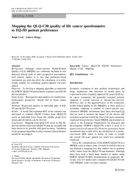 Pdf Mapping The Qlq C30 Quality Of Life Cancer Questionnaire To Eq 5d