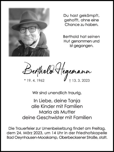 Traueranzeigen Von Berthold Hegemann Trauerdie Glockede