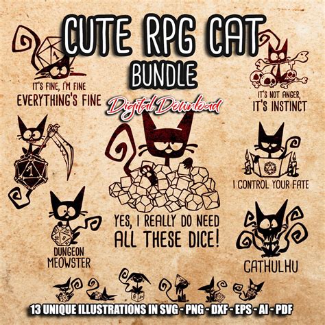 Cute Cat Svg Bundle Funny Cat Rpg Dice Svg Cat Mom Ttrpg Svg D20