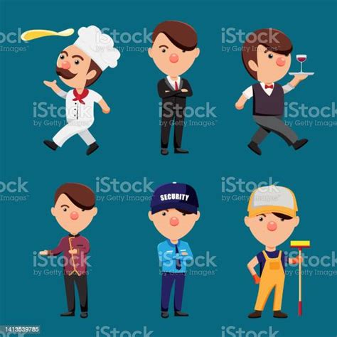 요리사 접수 원 웨이터 포터 보안 가정부와 같은 6 개의 전문 캐릭터 믹스 팩 세트 웨이터에 대한 스톡 벡터 아트 및 기타 이미지 Istock