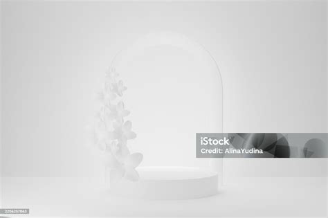 3d 사실적인 연단 배경 흰색 원통형 받침대 빛나는 아치에 흰색 봄 꽃이 장식 모형 3d 렌더링으로 제공됩니다 배치 제품 쇼케이스 플랫폼을 위한 봄 무대 0명에 대한 스톡