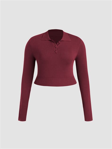 Knit Fabric Knit Polo Solid Long Sleeve Top Curve And Plus For Daily Casual