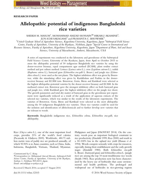 Pdf Allelopathic Potential Of Indigenous Bangladeshi Rice Varieties