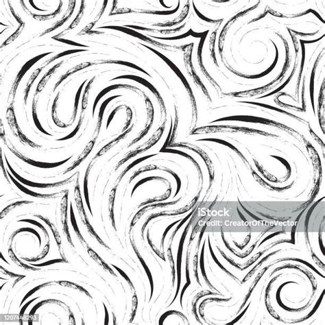 루프와 컬의 나선형의 형태로 숯이나 잉크로 그려진 부드러운 라인에서 검은 색의 추상 벡터 원활한 패턴 흰색 배경에 고립 된 검은 색의 직물 또는 래퍼 디자인용 텍스처 검은