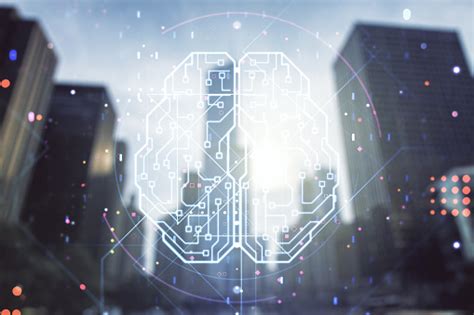 흐릿한 도시 경관 배경에 창조적 인 인간의 뇌 마이크로 회로 홀로그램의 이중 노출 미래 기술과 Ai 개념 0명에 대한 스톡 사진