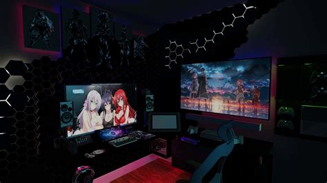 Download Anime Inspired Gaming Setup At Night Wallpaper