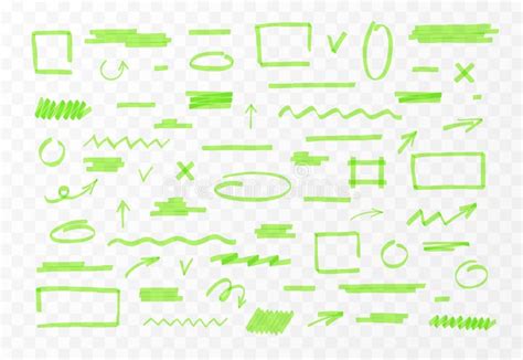 green marker pen or highlighter lines and shapes vector set