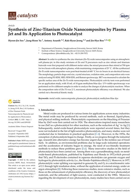 Pdf Synthesis Of Zinc Titanium Oxide Nanocomposites By Plasma Jet And Its Application To