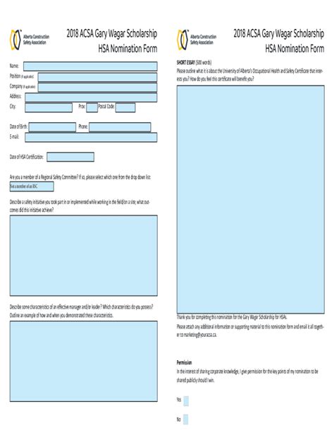 Fillable Online 2018 Acsa Gary Wagar Scholarship Hsa Nomination Form