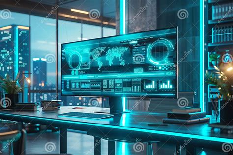 Futuristic Workspace With Holographic Screens Showing Productivity Charts Digital Neon Blue