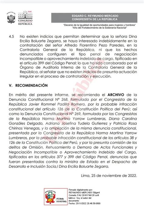 Dina Boluarte Recomiendan Archivo De Denuncias Constitucionales En