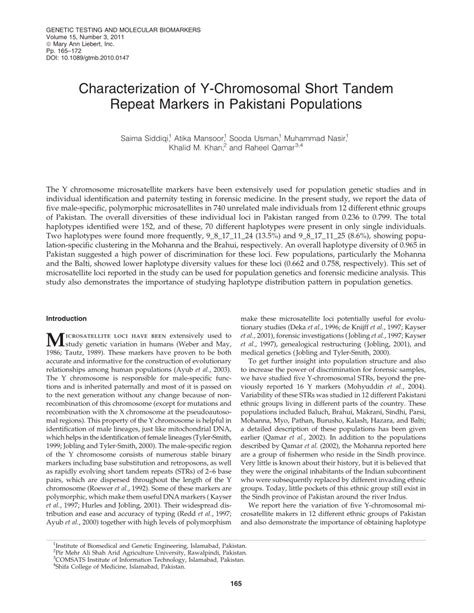 Pdf Characterization Of Y Chromosomal Short Tandem Repeat Markers In Pakistani Populations