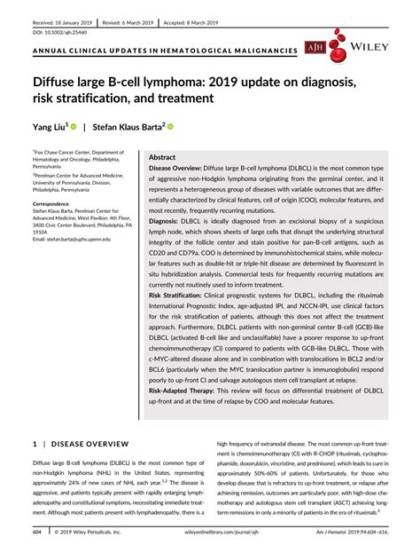 Diffuse Large B Cell Lymphoma Update On Diagnosis Riskstratification And Treatment