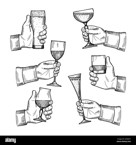 Illustrations Of Different Alcoholic Drinking Glasses In Hands Vector