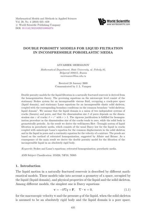 Pdf Double Porosity Models For Liquid Filtration In Incompressible Poroelastic Media