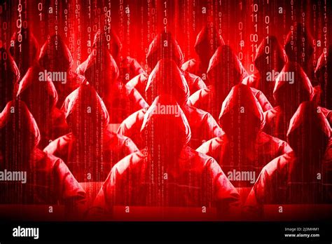 Anonymous Hooded Hackers Red Background Binary Code Cyber Attack