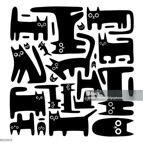 귀여운 재미 고양이 검은 새끼 고양이 세트 만화 스타일과 모자이크 구성 트렌디 한 현대 벡터 일러스트 레이 션은 흰색 배경에 고립 손으로 그린 평면 디자인 가축에 대한 스톡