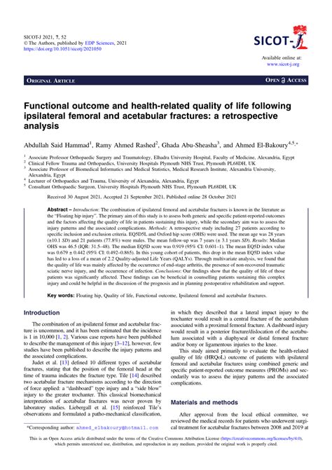 Pdf Functional Outcome And Health Related Quality Of Life Following Ipsilateral Femoral And