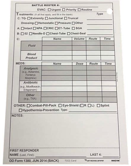 Double Sided Tactical Combat Casualty Care Tccc Card