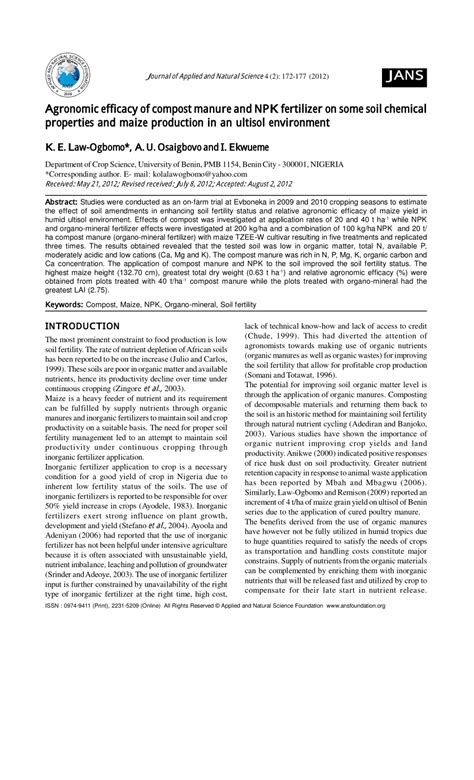 (PDF) Agronomic efficacy of compost manure and NPK fertilizer on some soil chemical properties ...