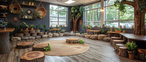 Forest Inspired Classroom With Tree Decals And Natural Materials Stock