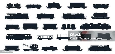 화물 열차 실루엣입니다 검은 철도화물 기관차 및 객차 산업 철도 운송 석탄 박스카 탱크 왜건 벡터 절연 세트 개체 그룹에 대한 스톡 벡터 아트 및 기타 이미지 Istock